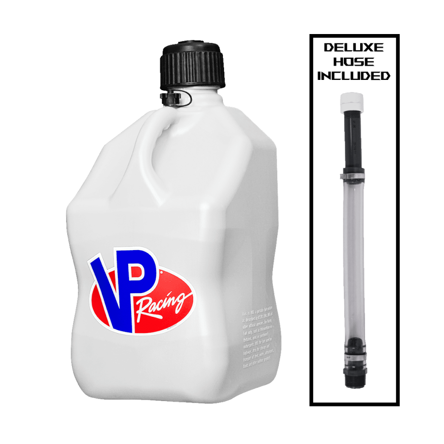 White VP Racing 5.5 Gallon Race Jug with Deluxe Hose – Shocker Fittings